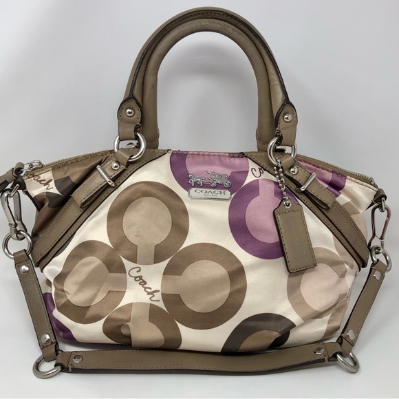 Coach | Bags | Coach Sophia Ivory Beige Purple Clover Allover Print ...